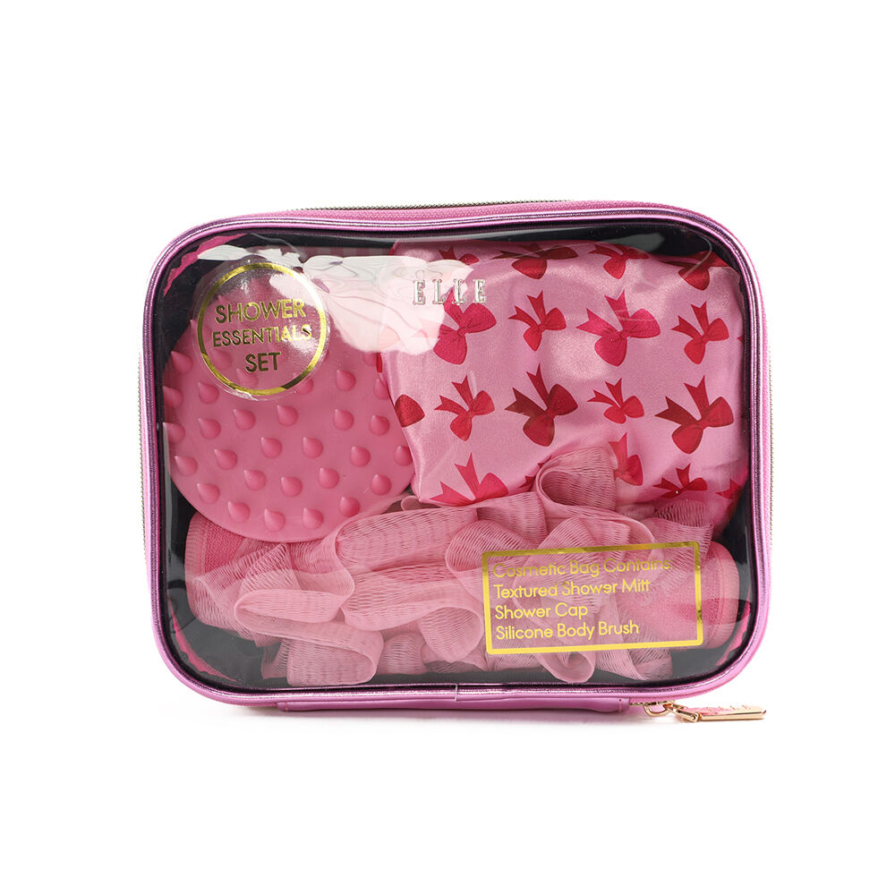 4pc Elle Shower Essentials Kit w/ Clear Cosmetic Case 17x22cm Pink ...