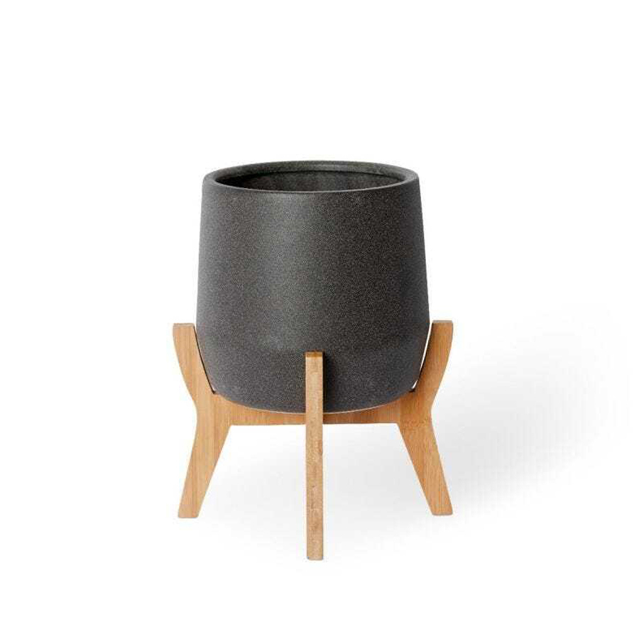 E Style Lawson 33cm Ceramic/Wood Plant Pot w/ Stand Round - Black ...
